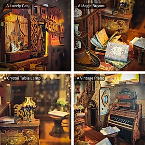 Book Nook Kit, DIY 3D Bookshelf Insert Decor, Wooden Puzzle Dollhouse with Sensor LED Light, Bookend Building Set for Teens Adults - Magic Book House