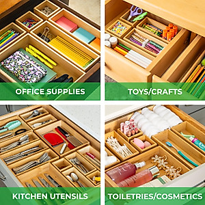 Grow Forward Bamboo Drawer Organizer Boxes - Set of 14 Wooden Drawer Organizers for Kitchen, Bathroom, Office, Desk, Vanity, Makeup - Non-Slip Junk Drawer Organizer Trays for Storage and Organization