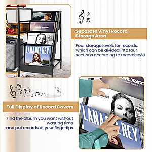 WEGOODLDER 3-Tier Vinyl Record Storage Stand with Built-in USB Ports and Power Outlets, Brown