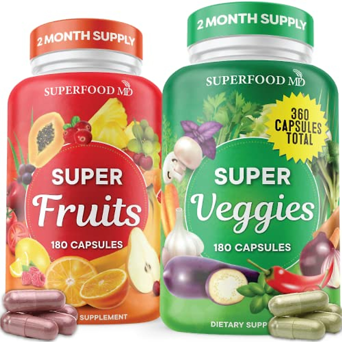 Superfood Fruit and Veggie Supplement - 360 Fruit and Veggie Capsules -100% Whole Super Fruit and Super Vegetable Supplements & Vitamin, Made in USA, Soy Free, Vegan- 60 Servings