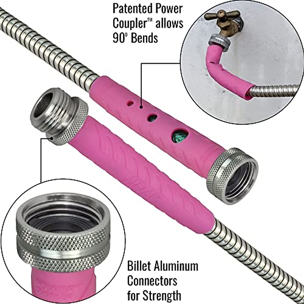 Bernini 50' Metal Garden Hose Lite Super Flexible Garden Hose, Lightweight No Kink Puncture Resistant 304 Stainless Steel Hose With Adjustable Fireman Spray Nozzle & Patented Power Couplers - Pink