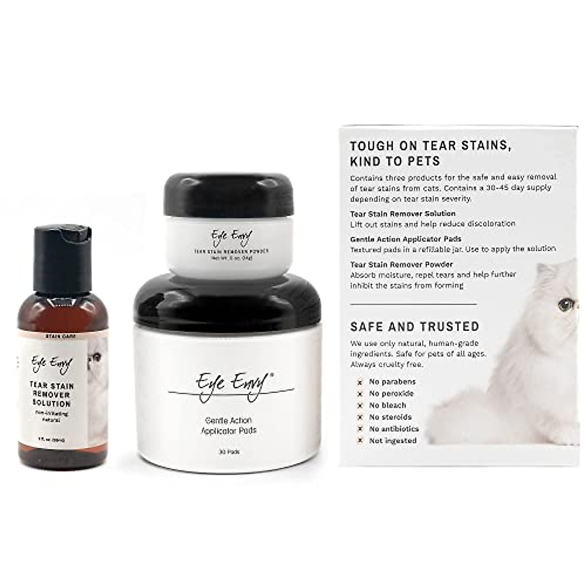 Eye Envy Cat Tear Stain Remover Starter Kit | Tear Stain Essentials in one kit at a 2-Step System | Lasts 30-45 Days | Solution 2 fl.oz, Applicator Pads 30 Count and Powder 0.5oz