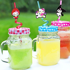 28Pcs Cute Kitty Party Favors Reusable Drinking Straws, 14 Designs Cartoon Birthday Party Supplies with 2 Cleaning Brush