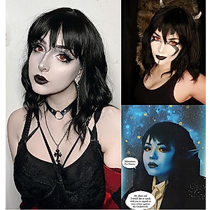 Elfairy Black Wig with Bangs Wig for Women 12in Short Bob Wavy Curly Wig Natural Black Hair Wigs Heat Resistant Hair Replacement Wigs(12'' Natural Black 1B)