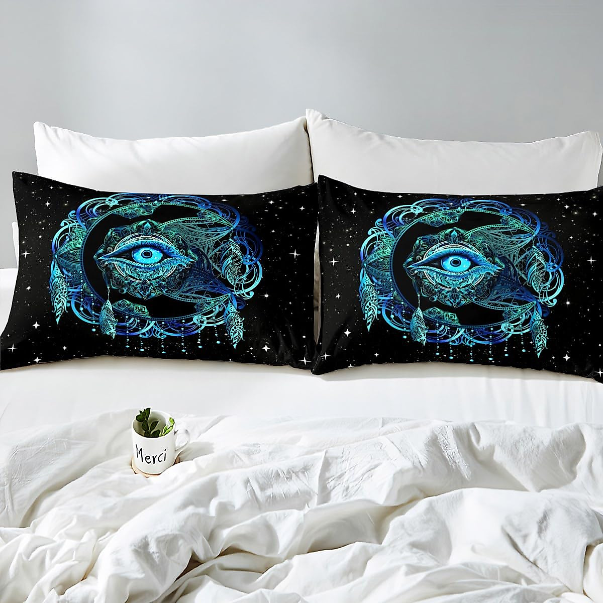 Starry Galaxy Nebula Universe Bed Sheet Set 3 Pieces,Bohemian Exotic Mysterious Eyes Microfiber Bedding Set with Flat,Dreamcatcher Fitted Sheet,2 Pillow Cases,Full Size