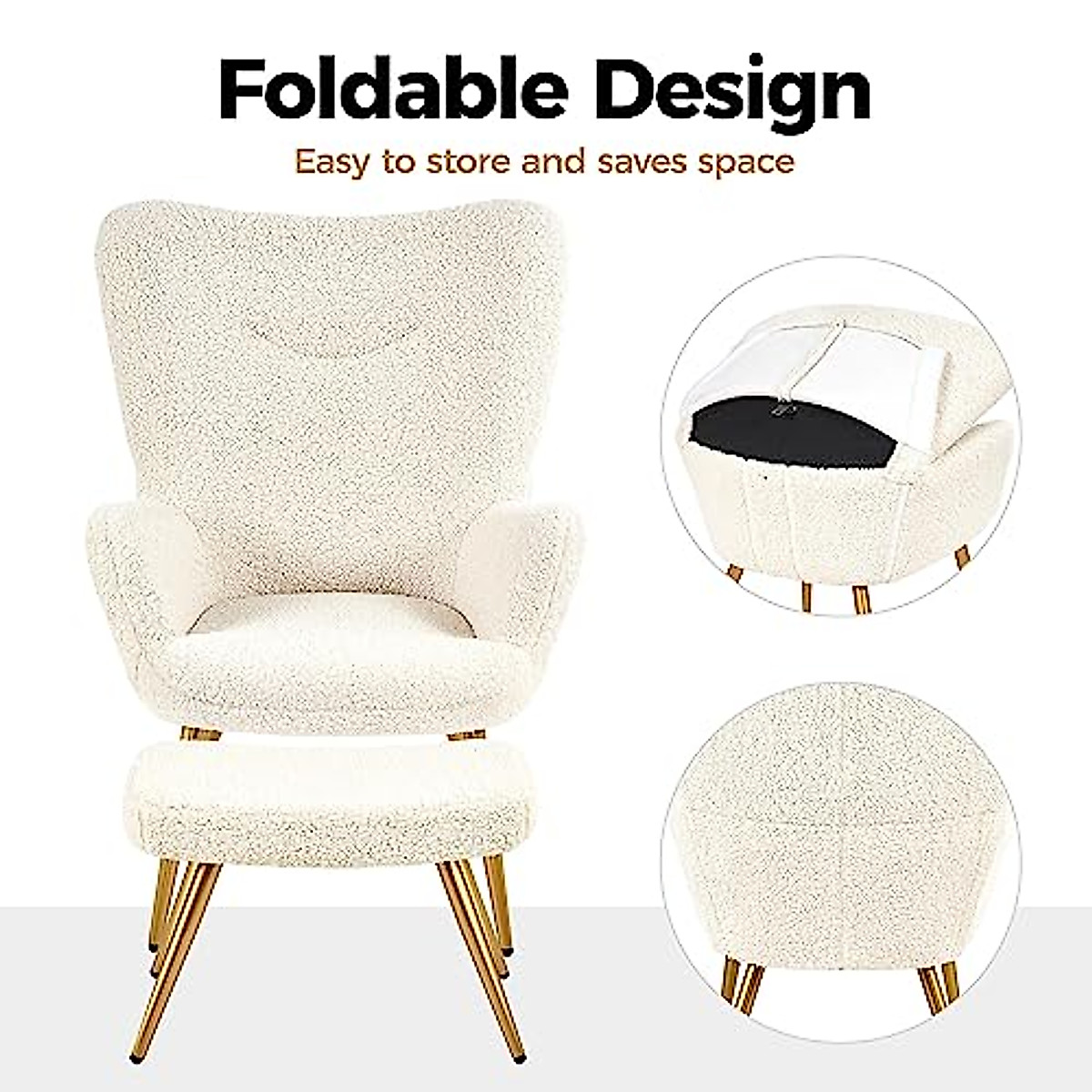 Yaheetech Accent Chair and Ottoman Set, Sherpa Armchair with Golden Metal Legs and High Back, Footstool for Living Room, Lounge, Ivory