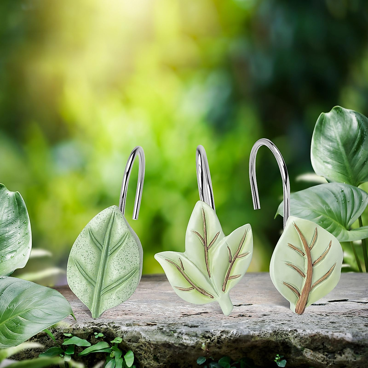 MitoVilla Plant Leaves Decorative Shower Curtain Hooks, Green Tropical Botanical Shower Hooks for Tree Leaf Shower Curtain & Liner, Rust Proof Eucalyptus Shower Curtain Rings, 12 PCS