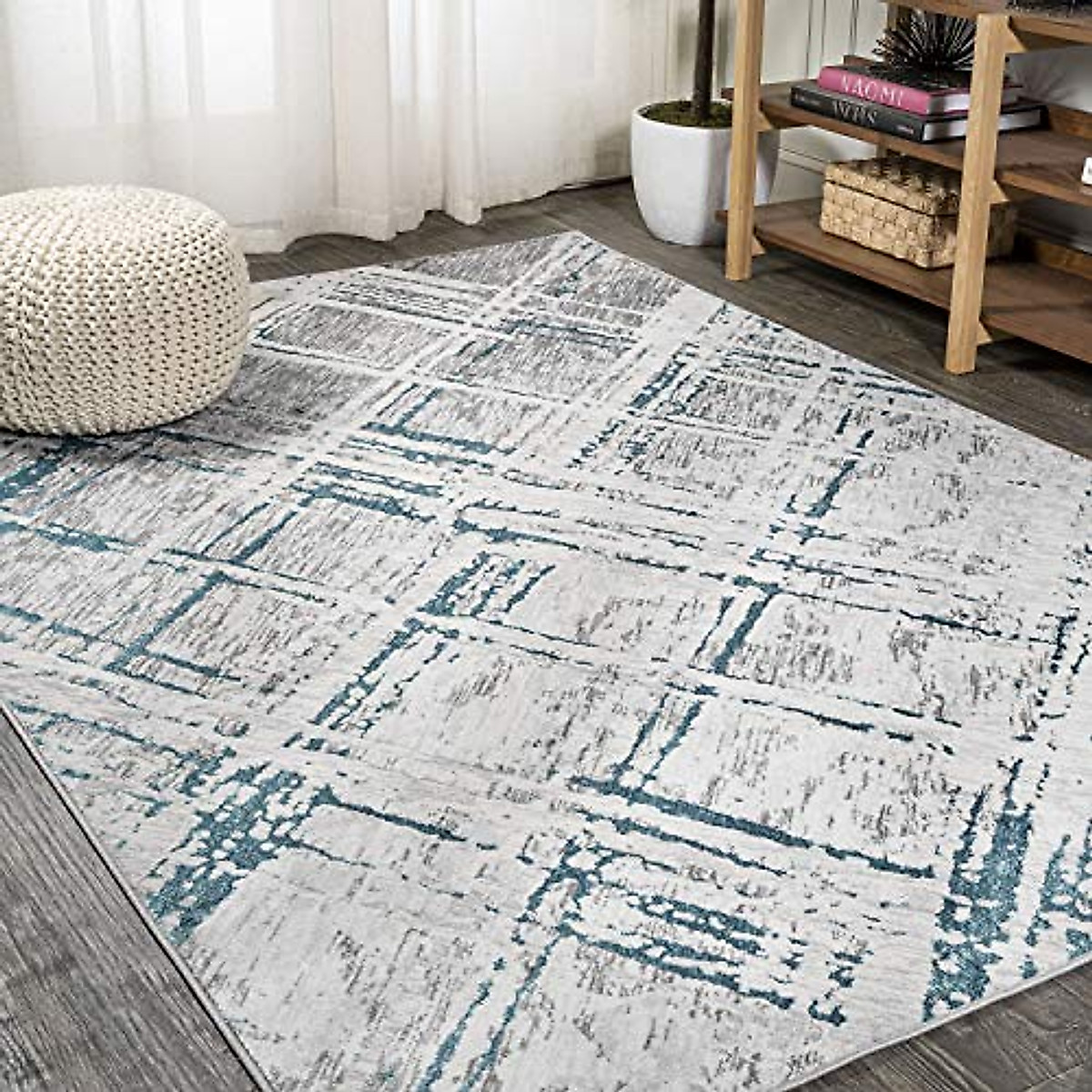 JONATHAN Y SOR201A-8 Slant Modern Abstract Indoor Area-Rug Contemporary Solid Striped Easy-Cleaning Bedroom Kitchen Living Room Non Shedding, 8 ft x 10 ft, Gray/Turquoise