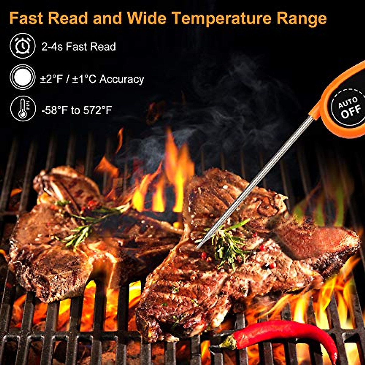Comluck Instant Read Meat Thermometer - CA001 Digital Oven Cooking Food Min Max Thermometer Magnetic Waterproof with Backlight for Adults Kitchen Grill Steak Outdoor BBQ Barbecue Baking