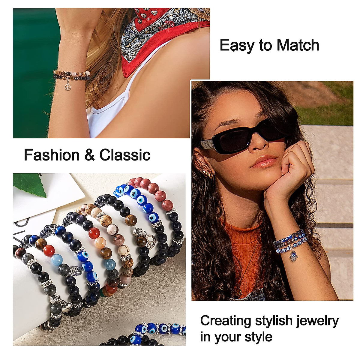 Beadthoven 412pcs Crystal Beads for Jewelry Making Kit, 8mm Round Natural Stone Beads, Evil Eye Beads for Bracelet Making for Adults, Healing Gemstone Beads for DIY Jewelry Necklace Earrings Accessory