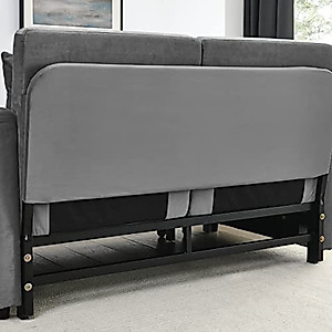 HomSof Modern Convertible Detachable Arm Pockets Velvet Loveseat Sofa with Pull Out Bed, 2 Pillows and Living Room Adjustable Backrest, Grid Design Armrests, Style D, Grey
