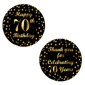 70th Birthday Round 2 Inch Big Glossy Stickers, Thank You for Celebrating 70 Years Black and Gold Labels, Great for Party Favors, Decorations, Tags, Gift Bags and Supplies. Made in USA