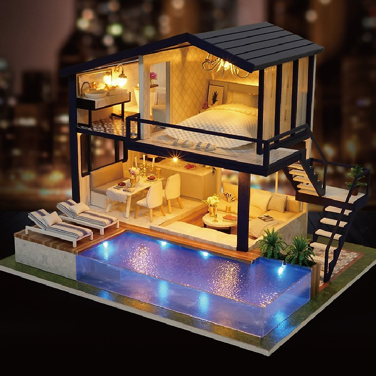 CUTEROOM Dollhouse Miniature with Furniture, 3D Wooden Miniature Doll House with Music Box & LED Lights,1:24 Scale DIY House Kit (A066)