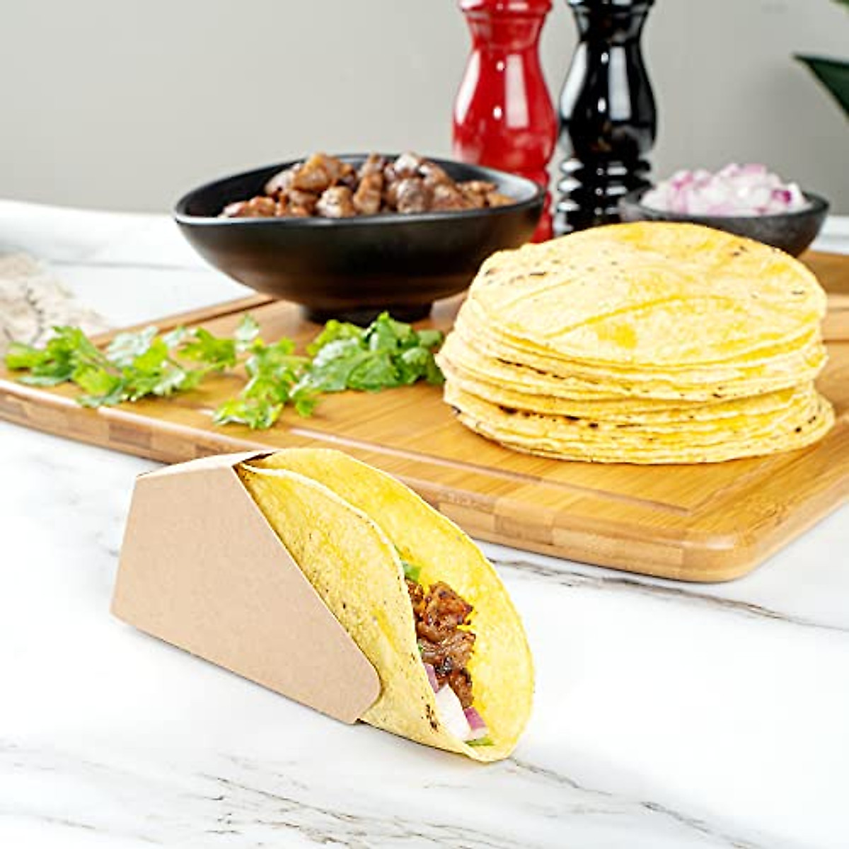 Restaurantware Bio Tek Kraft Paper Small Taco Holder - Greaseproof - 4" x 1 1/4" x 2 1/4" - 200 count box