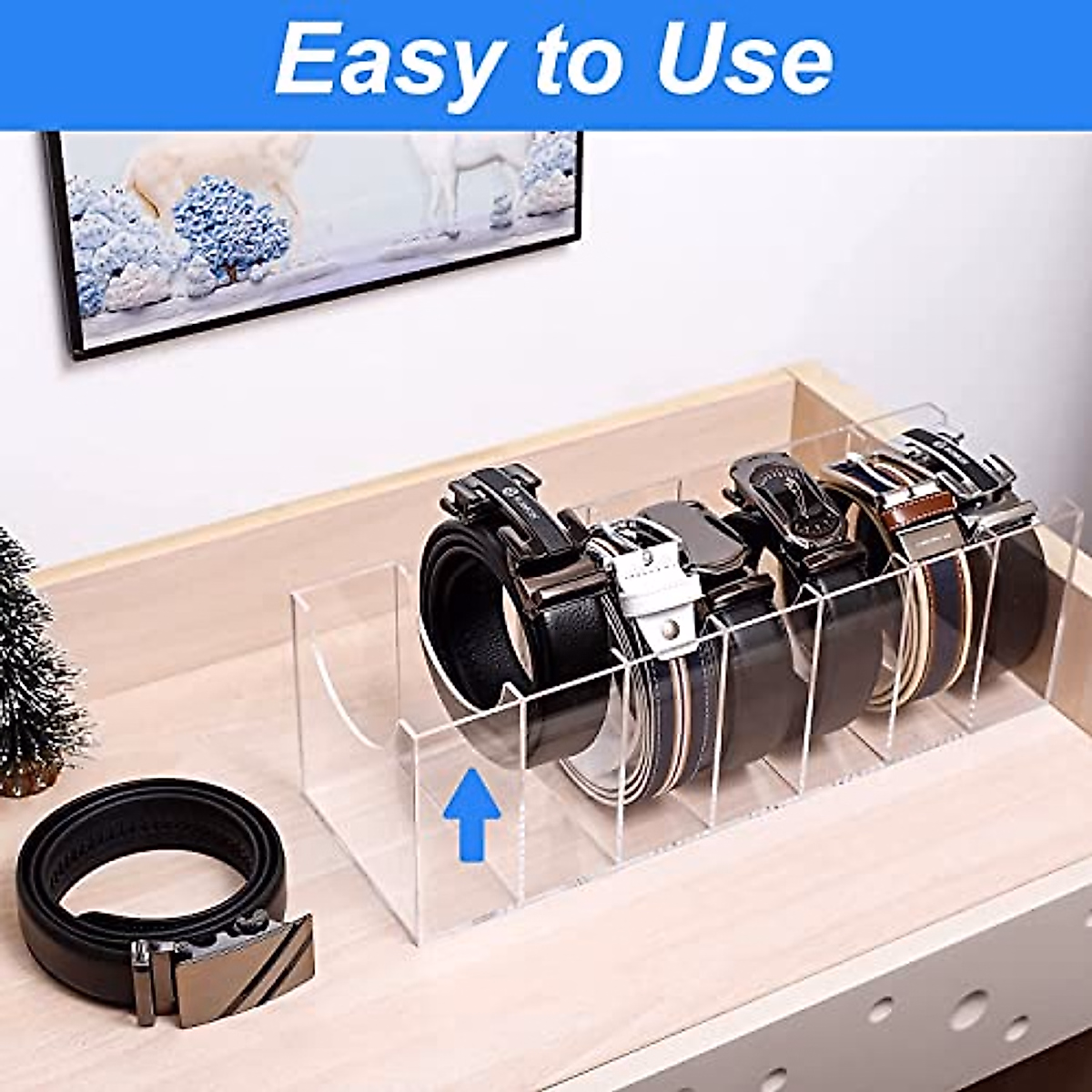 SefiHome Belt Storage Organizer, 7 Compartments Acrylic Belt Organizer, Clear Belt Holder for Closet, Belt Holder for Tie, Bow Tie, Wallets, Watches, Makeup, Jewelry