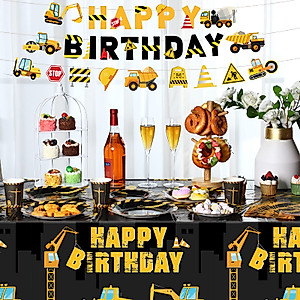 173 Pcs Construction Birthday Party Supplies Serves 24, Include Construction Tablecloth, Dump Truck Banners, Construction Theme Plates Napkins Tableware Set for Kids Construction Birthday Party Supply