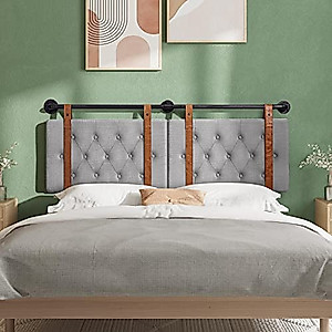 GREENSTELL Wall Mount Headboard with USB for King Size Bed, Linen Fabric Headboard Only, Industrial Pipe Modern Style, Gray Hanging Head Boards, Durable, Comfortable, Button Upholstered for Bedroom
