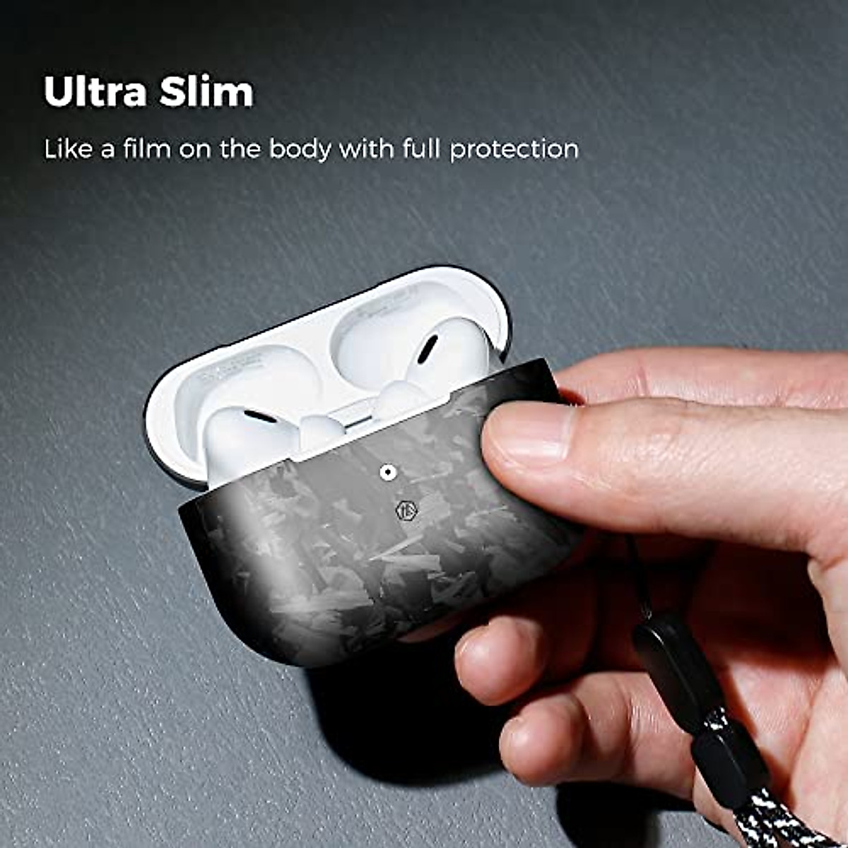 MONOCARBON Carbon Fiber Case-for-AirPods-Pro-2nd, Generation 2022 Slim Durable Cover-for-AirPods-Pro-2 Accessories,Support Wireless Charging,Shock,with Stripes Lanyard.(Matte Finish)