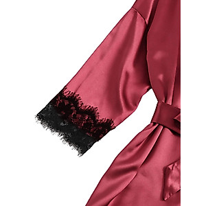 SOLY HUX Women's Satin Pajama Set 4pcs Floral Lace Trim Cami Lingerie Sleepwear with Robe Burgundy X-Large