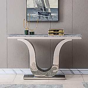 SSLine Modern Silver Console Table Luxury Grey Genuine Marble Console Table with Mirrored Stainless Steel Pedestal Base 50" Rectangular Entryway Hall Tables for Living Room Hallway