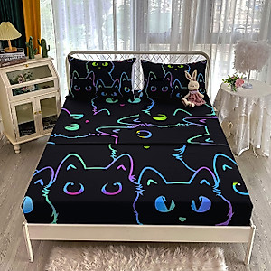 BailiPromise Cute Cartoon Cat Sheets Set Twin Size,Kawaii Simple Strokes Animals Kids Bed Sheets with Pillowcase,Cot Sheets Fitted Sheet with 16" Deep Pocket,for Girls Boys Teen Bedding 4 Piece Set