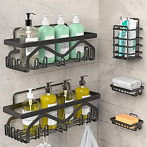 Coraje Shower Caddy, Shower Shelves [5-Pack], Adhesive Shower Organizer No Drilling, Large Capacity, Rustproof Stainless Steel Bathroom Shower Organizer, Shower Shelf for Inside Shower, Black