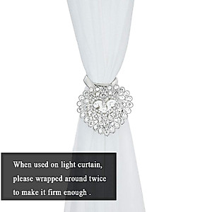 2PCS Magnetic Curtain Tiebacks Crystal Heart Shape Window Curtain Holdbacks Buckles Tie Backs Holders with Stretchable Wire Rope for Home and Office Decoration,Silver