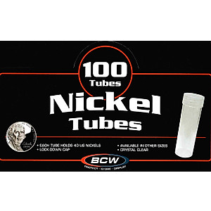 Coin Storage Tubes, Round Clear Plastic w/ Screw on Tops for NICKEL (Quantity of 100 Tubes) - MADE IN THE USA