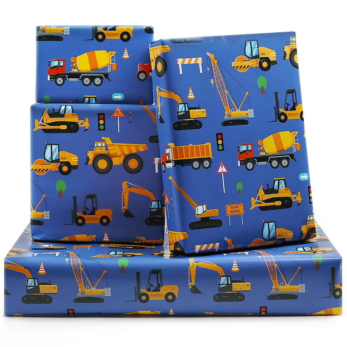Birthday Wrapping Paper Construction Design 6 Sheets,Road Under Construction Excavator Tractor Dump Truck Wrapping Paper for Kids Boys,Folded Flat 20x28 inches per Sheet for Birthday Baby Showers