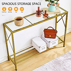 Hoctieon Gold Console Table, Entryway Table, Tempered Glass Sofa Table with Shelves, Metal Frame, Modern Style, Easy to Assemble, Entrance Table for Hallway, Entryway, Living Room, Bedroom