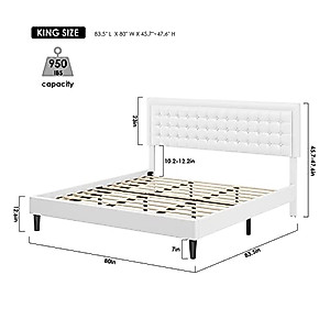 HIFIT King Size Bed Frame, Upholstered Platform Bed with Button Tufted Adjustable Headboard, Modern Faux Leather Upholstered Mattress Foundation, No Box Spring Needed, Easy Assembly, White