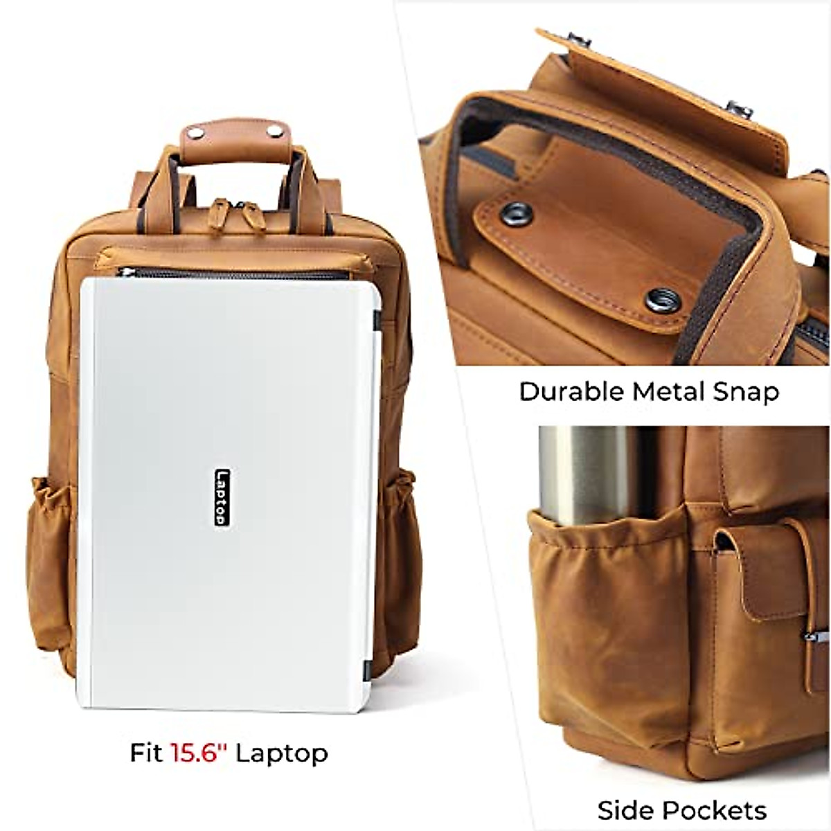 Cowhide Leather Multi Pockets 16 Inch Laptop Backpack Day Pack Travel Bag (Light Brown(Updated Version))