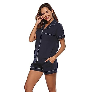 EA'S SECRET Womens Pajamas Set 100% Cotton Soft Short Sleeve Sleepwear Button Down Nightwear Summer Pj Sets S-XXL(Navy Blue,M)