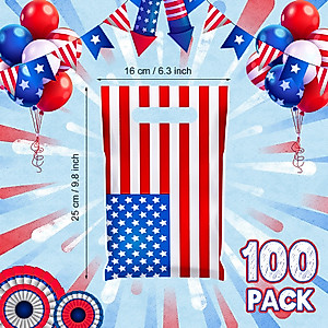 Chivertion 100 Pieces Patriotic Plastic Gift Bags Bulk American Flag Veterans Day Goodies Bags Red White and Blue Party Favors Bags Treat Bags for Labor Day Party Decoration
