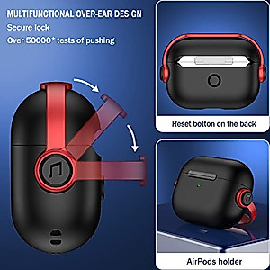 R-fun Airpods Pro 2nd/1st Generation Case Cover (2022/2019) with Secure Lock, Music Headset Earphone Protective Case Cover with Cleaning Kit Compatible for Apple Airpods Pro case, Black & Red