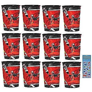 Amscan Power Rangers Birthday Party Supplies Bundle includes 12 Plastic Reusable Cups and 1 Dinosaur Sticker Sheet