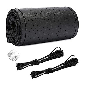 Ziciner Genuine Leather Steering Wheel Cover, Stitch on Wrap, Breathable Anti-Slip Car Steering Wheel Protector for Max Diameter 15 Inch, DIY Sewing with Needle Thread (Black, Hole)