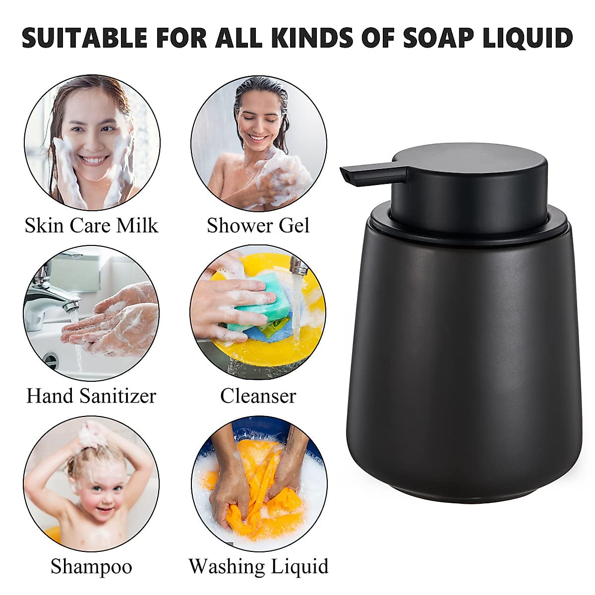 12Oz Black Foaming Soap Dispenser - Ceramic Foam Hand Soap Dispenser Set with Easy-to-Press Pump, Refillable Liquid Dish Soap Dispenser for Bathroom and Kitchen, 2 Pack