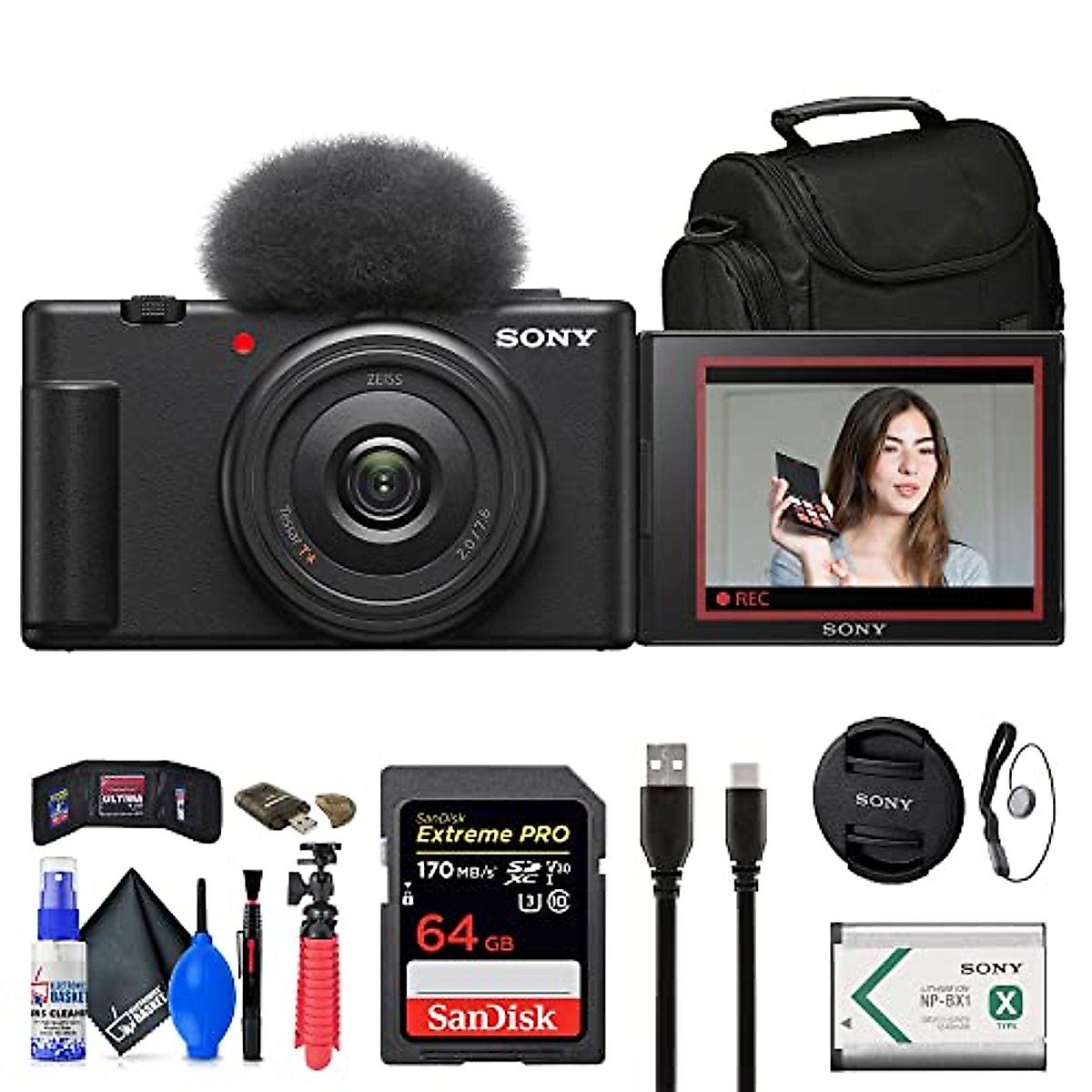 Sony ZV-1F Vlogging Camera (Black) (ZV1F/B) + Case + 64GB Card + Card Reader + Flex Tripod + Memory Wallet + Cap Keeper + Cleaning Kit (Renewed)