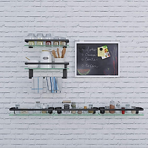 VOLPONE Glass Bathroom Shelf with Towel Bar 15.7in Bathroom Wall Shelves Rustproof Metal Bathroom Wall Organizer 2-Tier (Black)