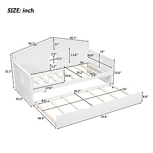 MERITLINE Twin Size Daybed with Trundle and Sensor Light, Wood Daybed Sofa Bed with Charming House-Shaped Backboard,Kids Bed Frames with Windows and Safety Rails,White