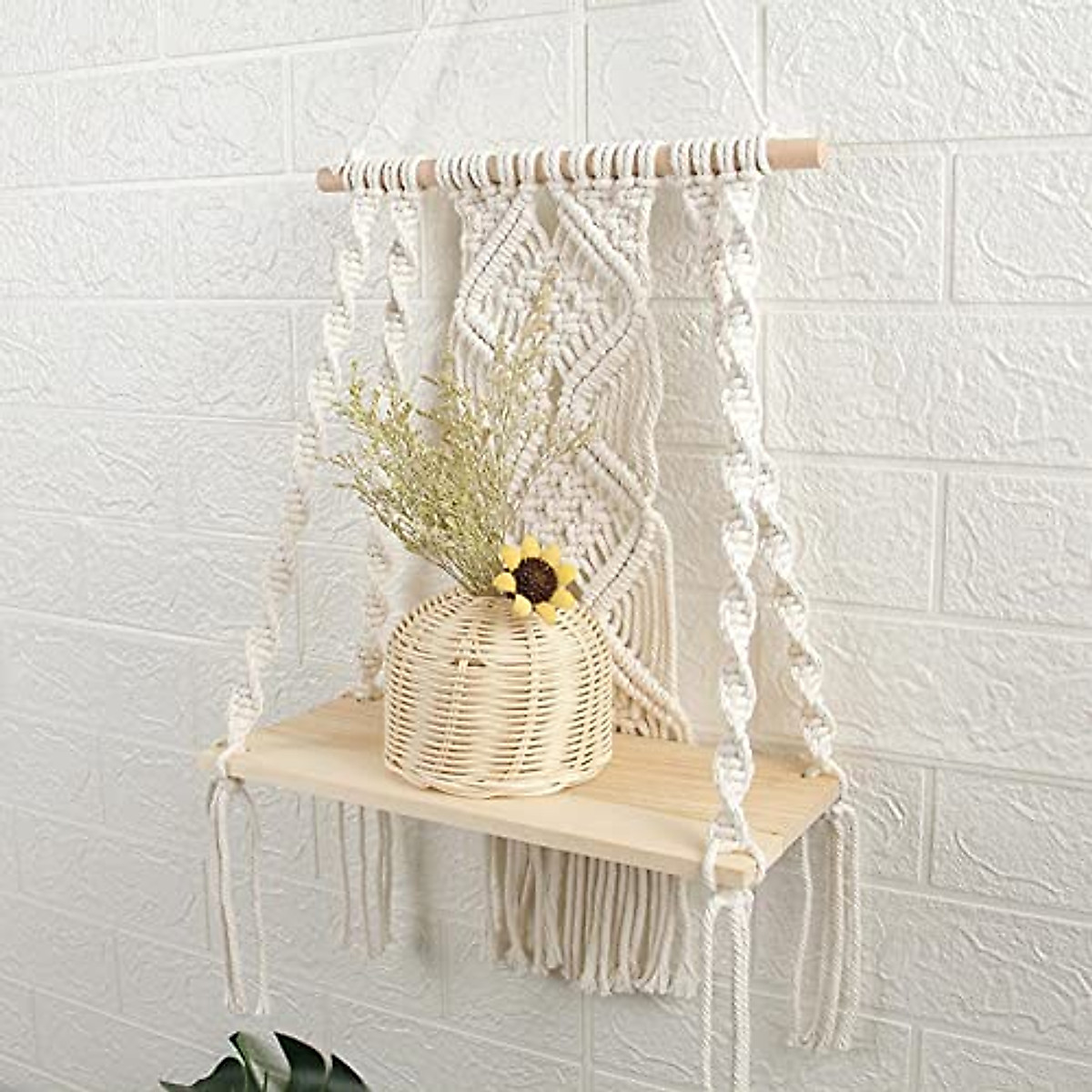 Hiuxume Macrame Wall Hanging Shelf - Bohemian Wall Decor for Bedroom - Woven Rope Macrame Wall Art as Boho Bathroom Shelf Decor - Macrame Shelf Wall Hanging Plant Hanger with Crochet Wall Hangings