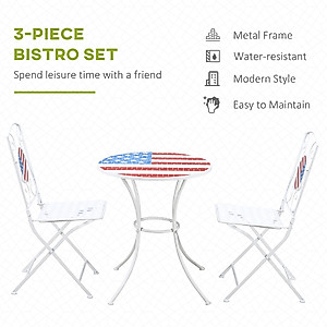 Outsunny 3 Piece Patio Bistro Set, Folding Outdoor Furniture with USA Mosaic Table and Chairs, Portable Metal Frames for 4th of July, Balcony, Backyard, Poolside, Porch, American Flag