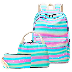 Joyfulife Girls Backpack with Lunch Box Kids School Backpack Bookbags Primary Elementary Student Backpack for Girls Set Rainbow