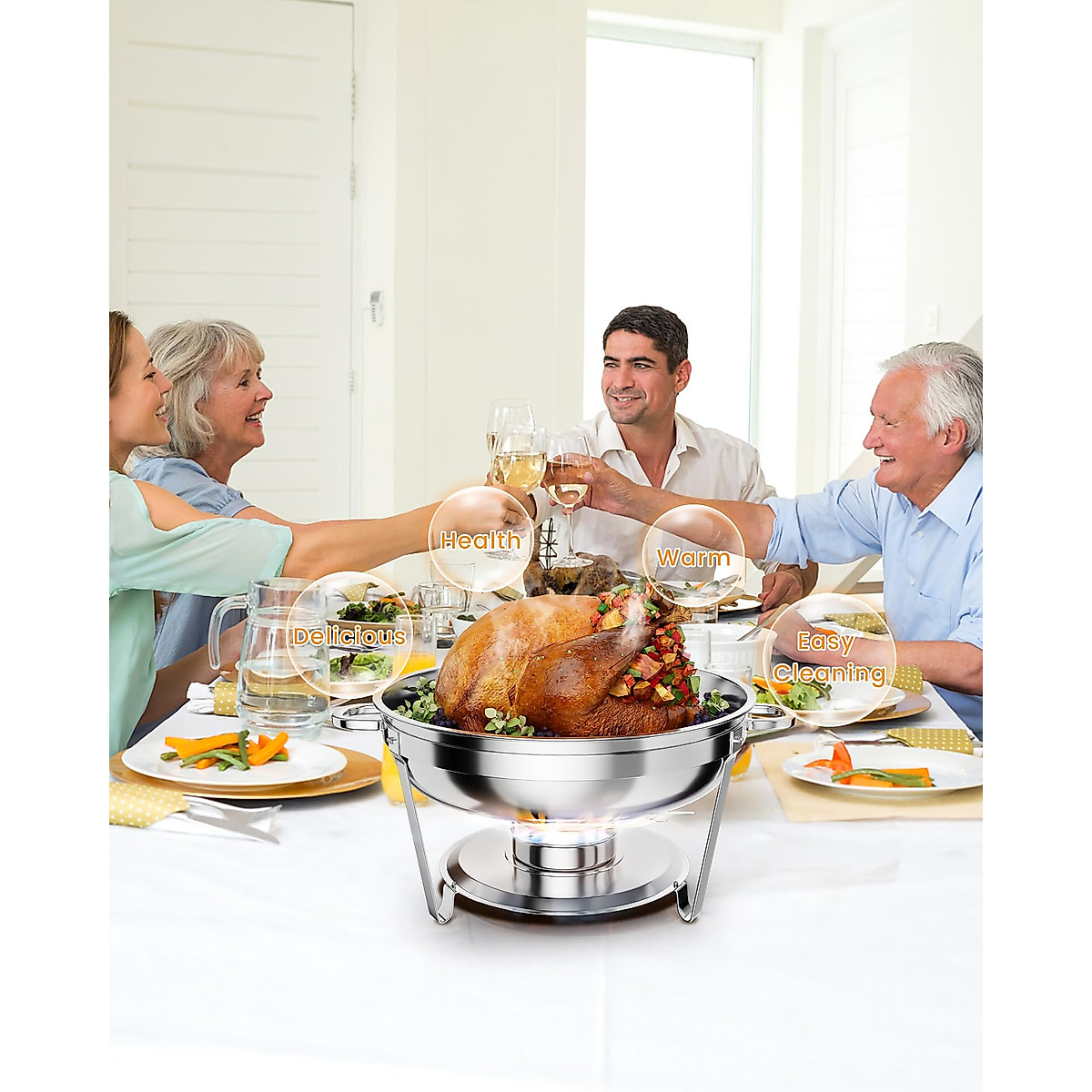 GAOMON 5QT Chafing Dish Buffet Set of 6 Pack, Round Stainless Steel Food Warmers Buffet Servers Sets, Chafer with Food & Water Pan, Lid, Frame, Fuel Holder for Catering and Parties