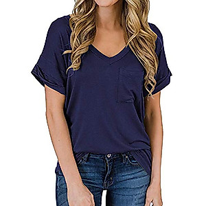 Iusun Women Short Sleeve T-Shirts Casual V-Neck Pocket Ruffled Loose Solid Color Tee Tops Tunic Tank Vest Blouse