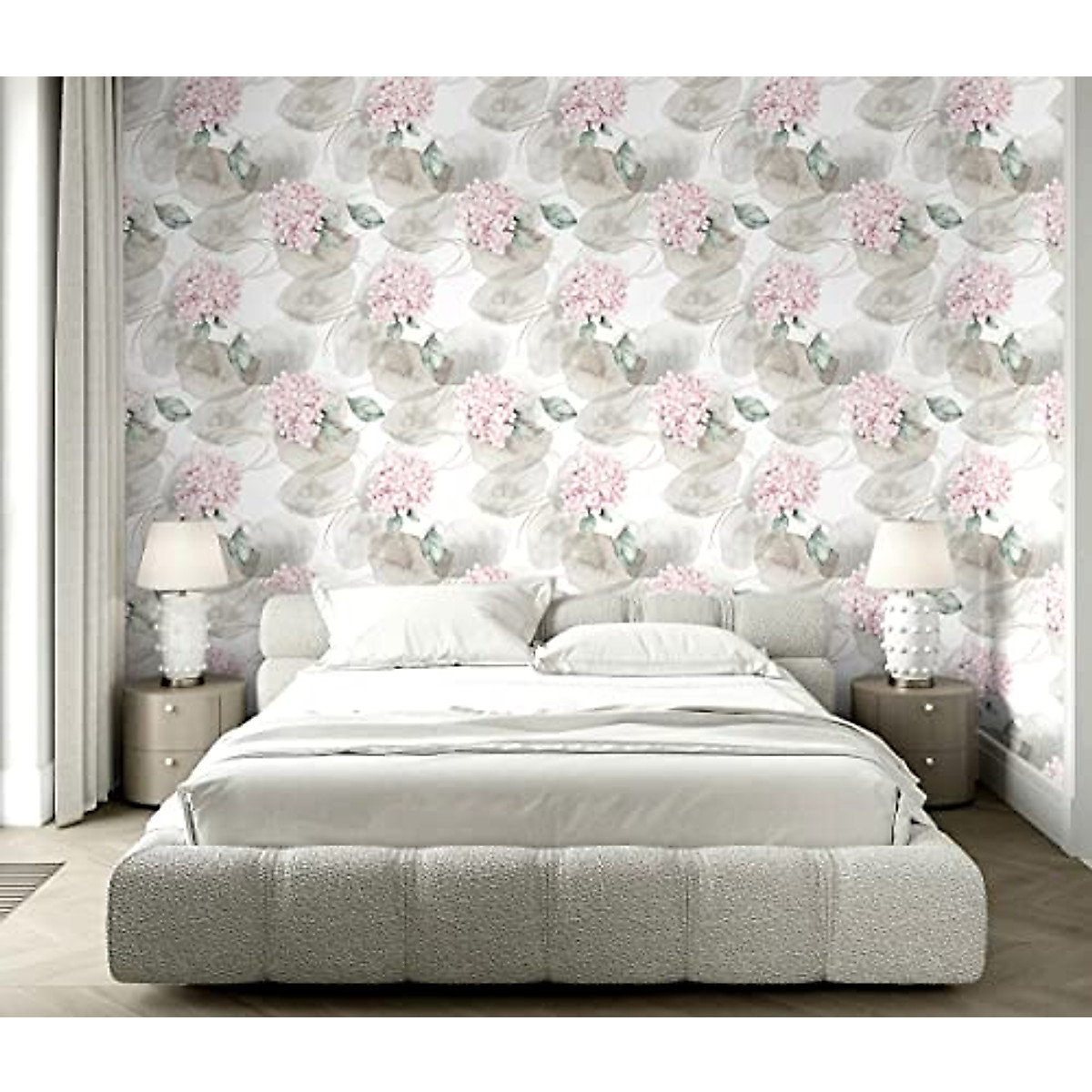 HAOKHOME 93164 Abstract Nordic Peel and Stick Wallpaper Geometric Hydrangea Floral White/Grey/Pink Stick on Home Decor 17.7in x 118in