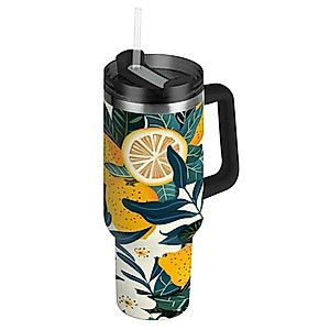 FRCSDIY Leaf Lemon Insulated Tumbler with Handle and Straw Lid,30oz Leakproof Stainless Steel Cup BPA-Free Water Bottle