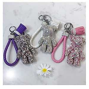 BONICI Girls Fashionable Diamond Bear Pendant Keychain Bling Sparkle Luxury Bear Key-Chains Keyring Gift Pendant for Handbag Tote Purse Backpack Bag Decoration Car Key Tassel Wrist Strap -White