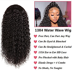 Water Wave Lace Front Wigs Human Hair Wigs for Black Women 13x4 Lace Front Wigs Human Hair Pre Plucked with Baby Hair Wet and Wavy HD Lace Frontal Wigs 180% Density Natural Color 28inch